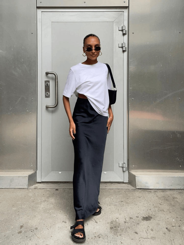 Bias-Cut Maxi Skirt with High-Rise Waist and Straight Hem – Elise Elegance